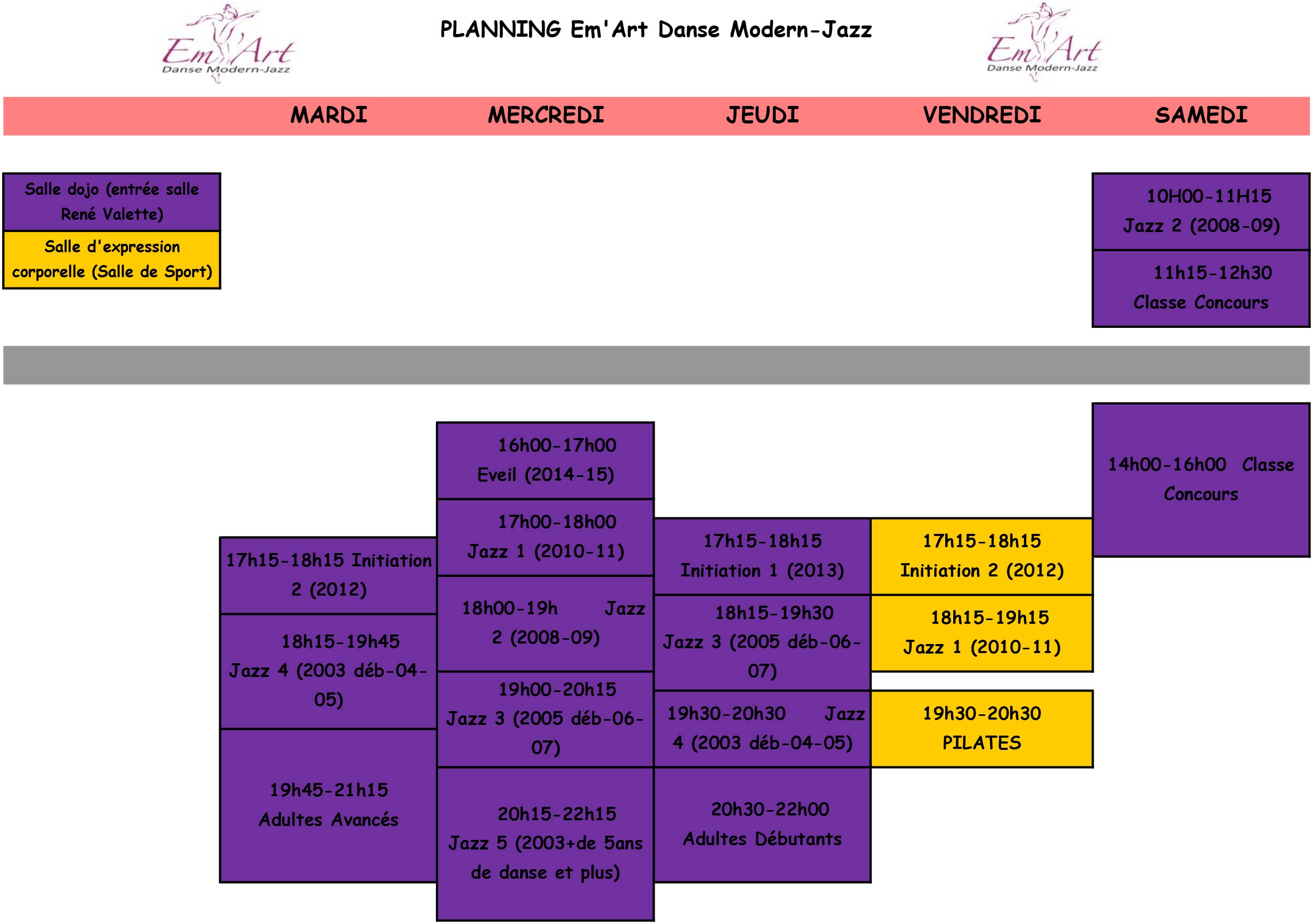 Horaires des Cours – Em'art